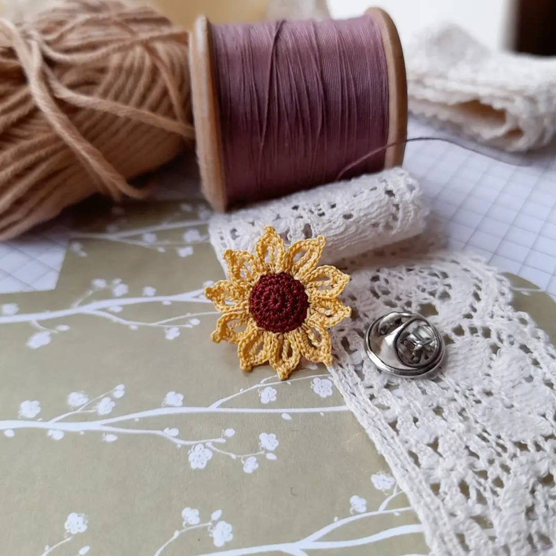 Sunflower Crochet Pin Micro Crochet Flower Pin Badge Tiny | Etsy