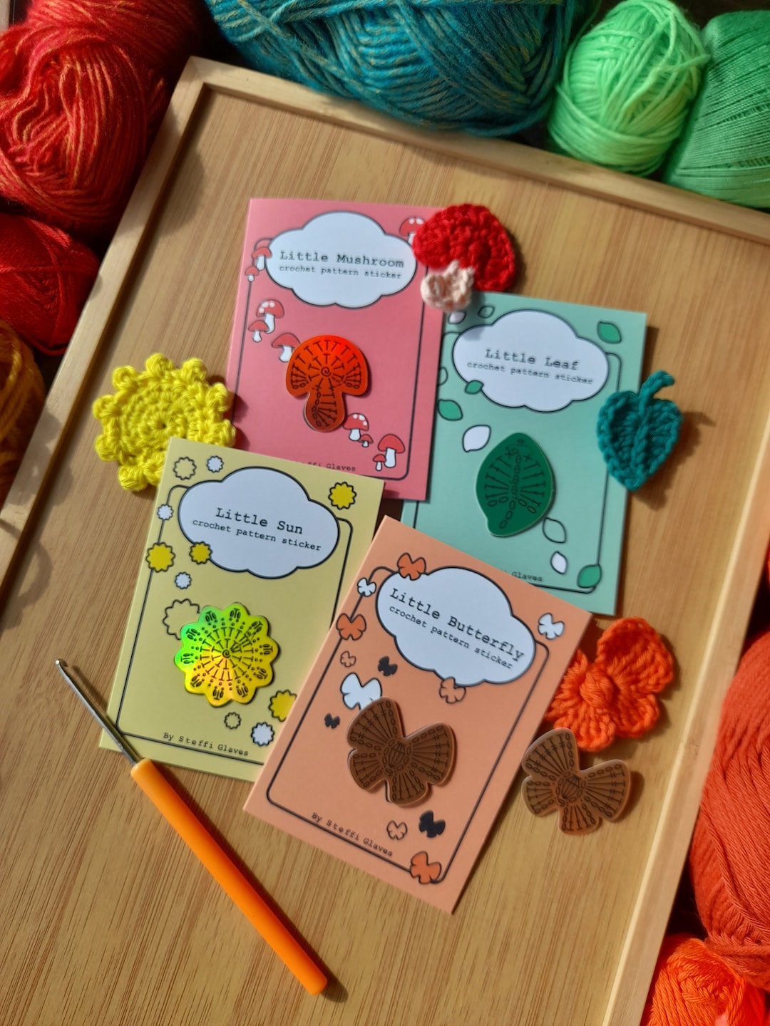 Crochet Pattern Sticker, Crochet Greetings Card, Mushroom, Butterfly ...