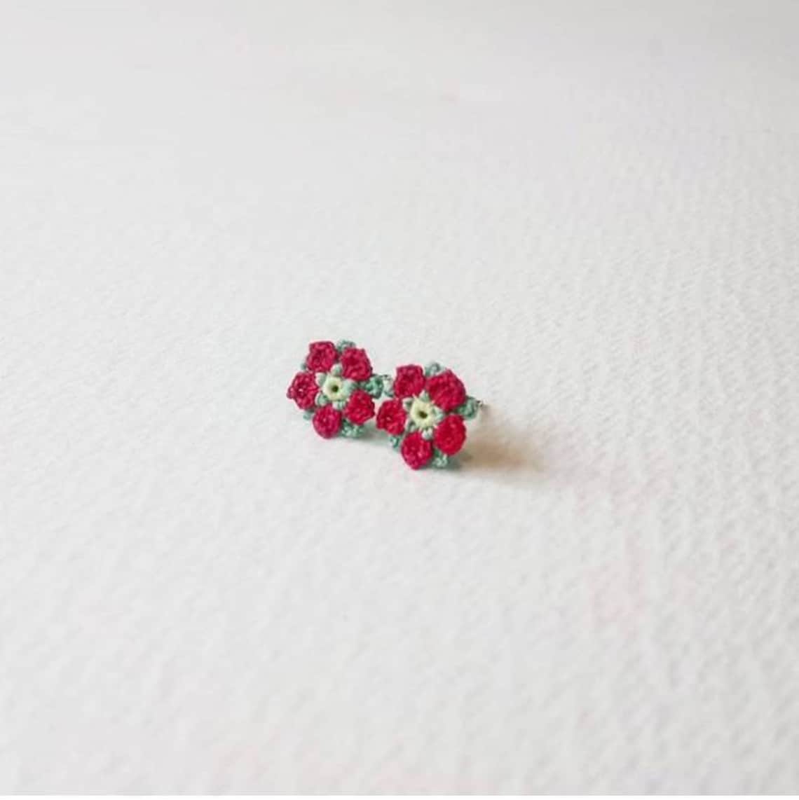 Red Rose Ear Studs, Lancashire Rose, Crochet Flower Ear Studs, Micro ...