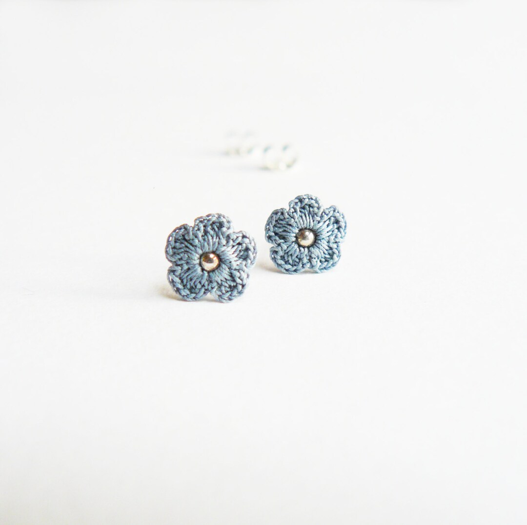 Dusky Blue Flower Ear Studs, Crochet Lace Earrings, Cotton Jewellery ...