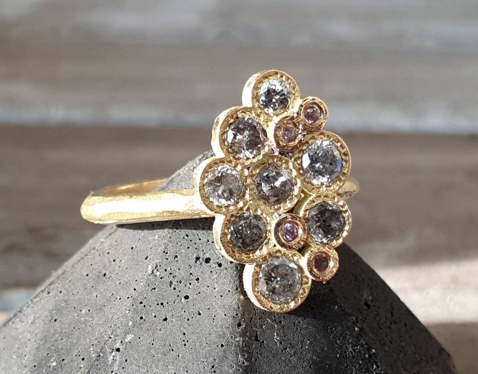 Salt and Pepper Diamond Ring-pink Sapphire Diamond Ring-18k Gold ...
