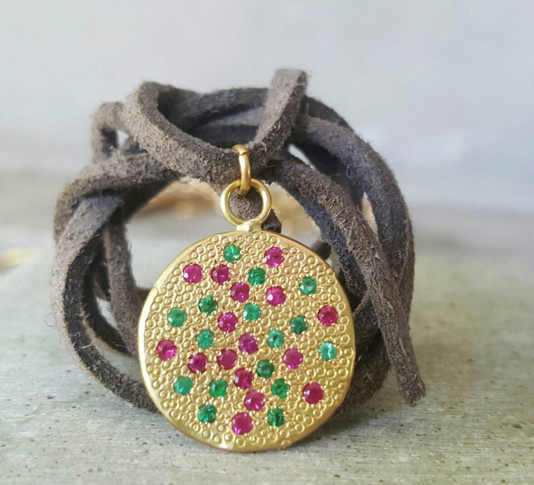 18k Gold Disk Pendant-ruby and Emwrald Disk Pendant-multiple Gemstones ...