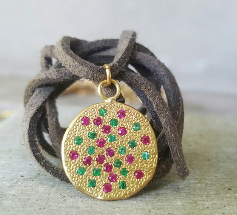18k Gold Disk Pendant-ruby and Emwrald Disk Pendant-multiple | Etsy