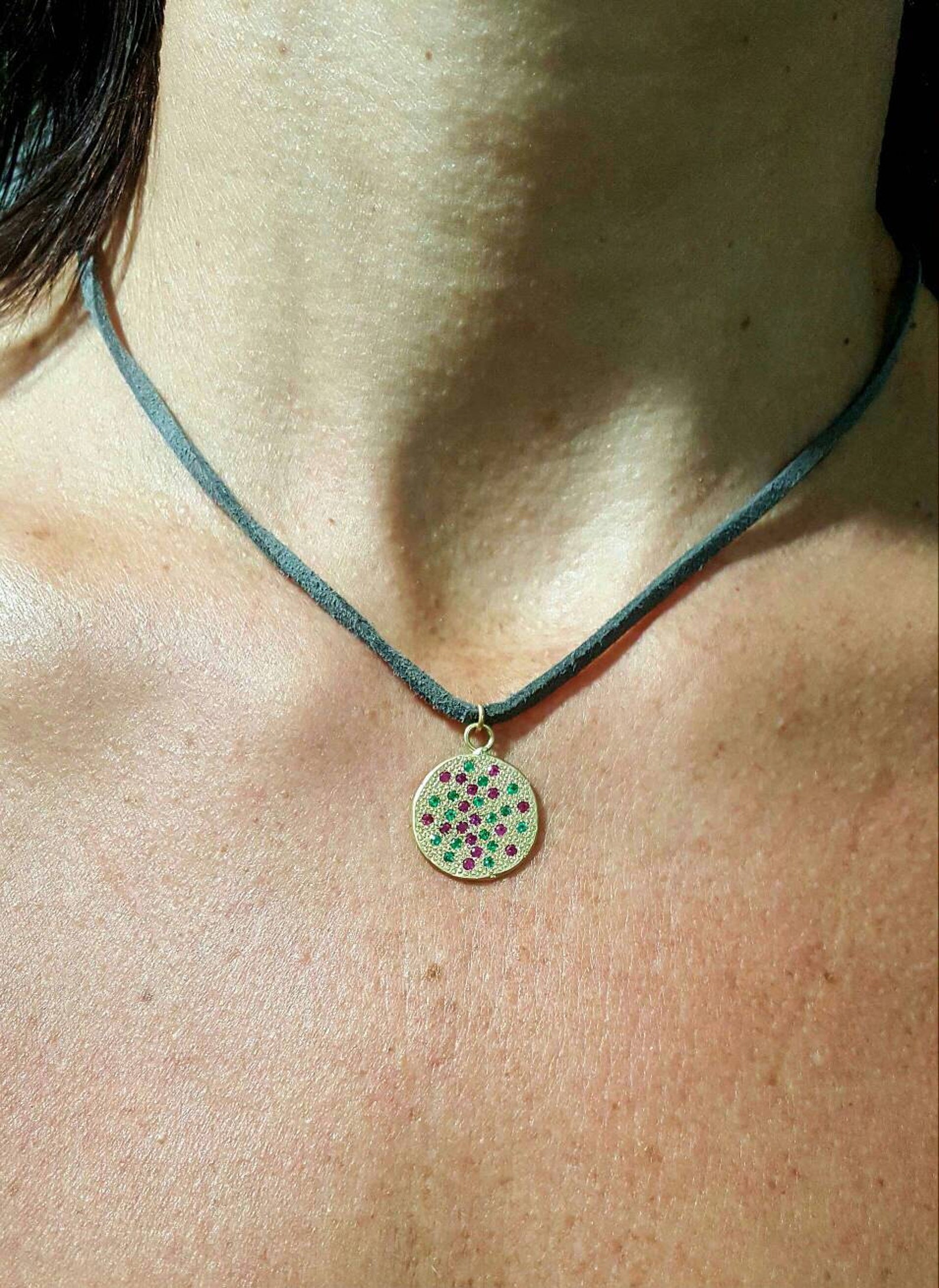 18k Gold Disk Pendant-ruby and Emwrald Disk Pendant-multiple | Etsy