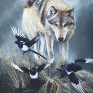 Gray Wolf and Magpies Wildlife Art - Limited Edition Giclee Canvas Print Western Nature Home ...