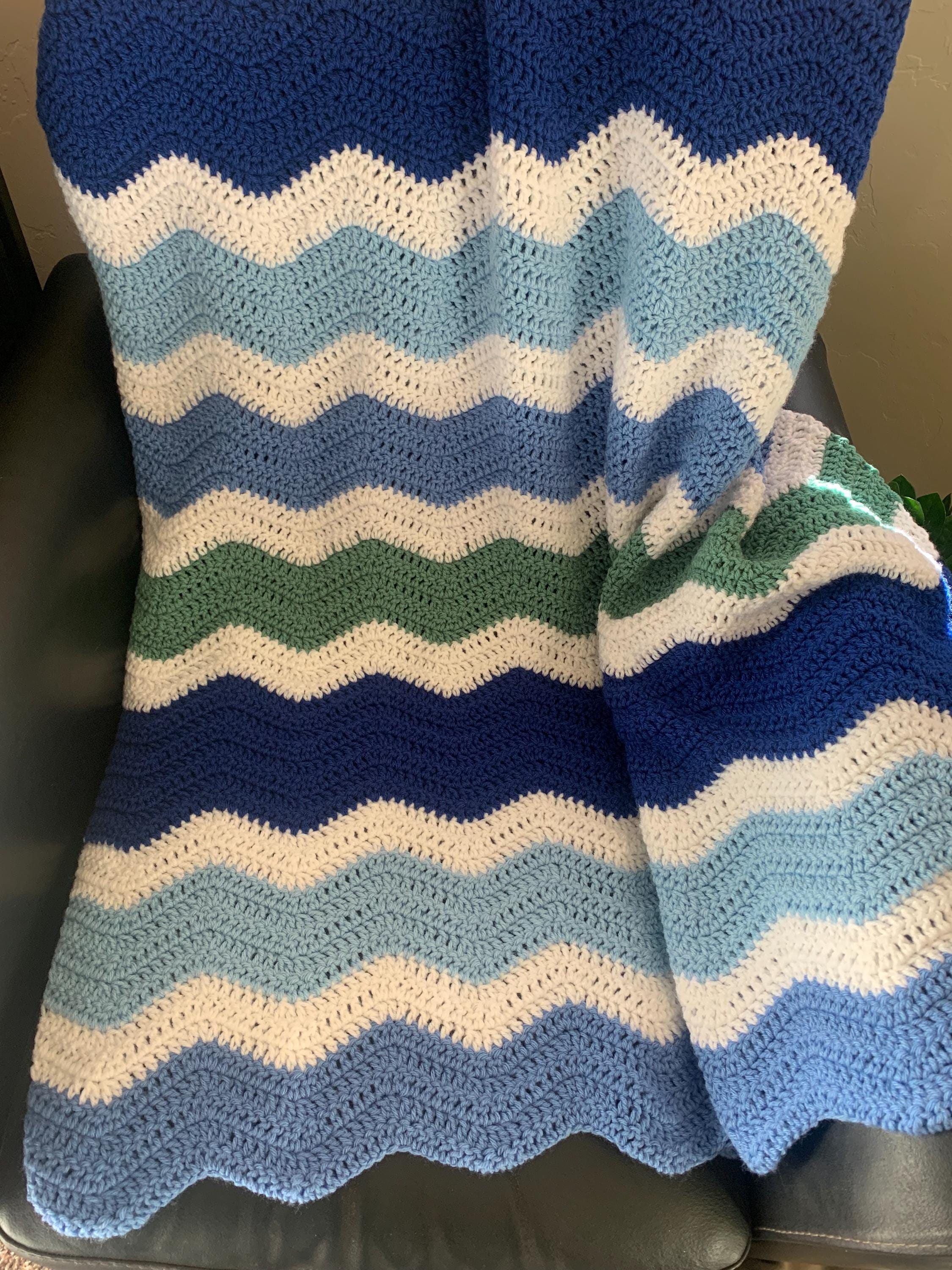 Chevron Striped Crocheted Afghan With Scalloped Edge, Beautiful Blues ...