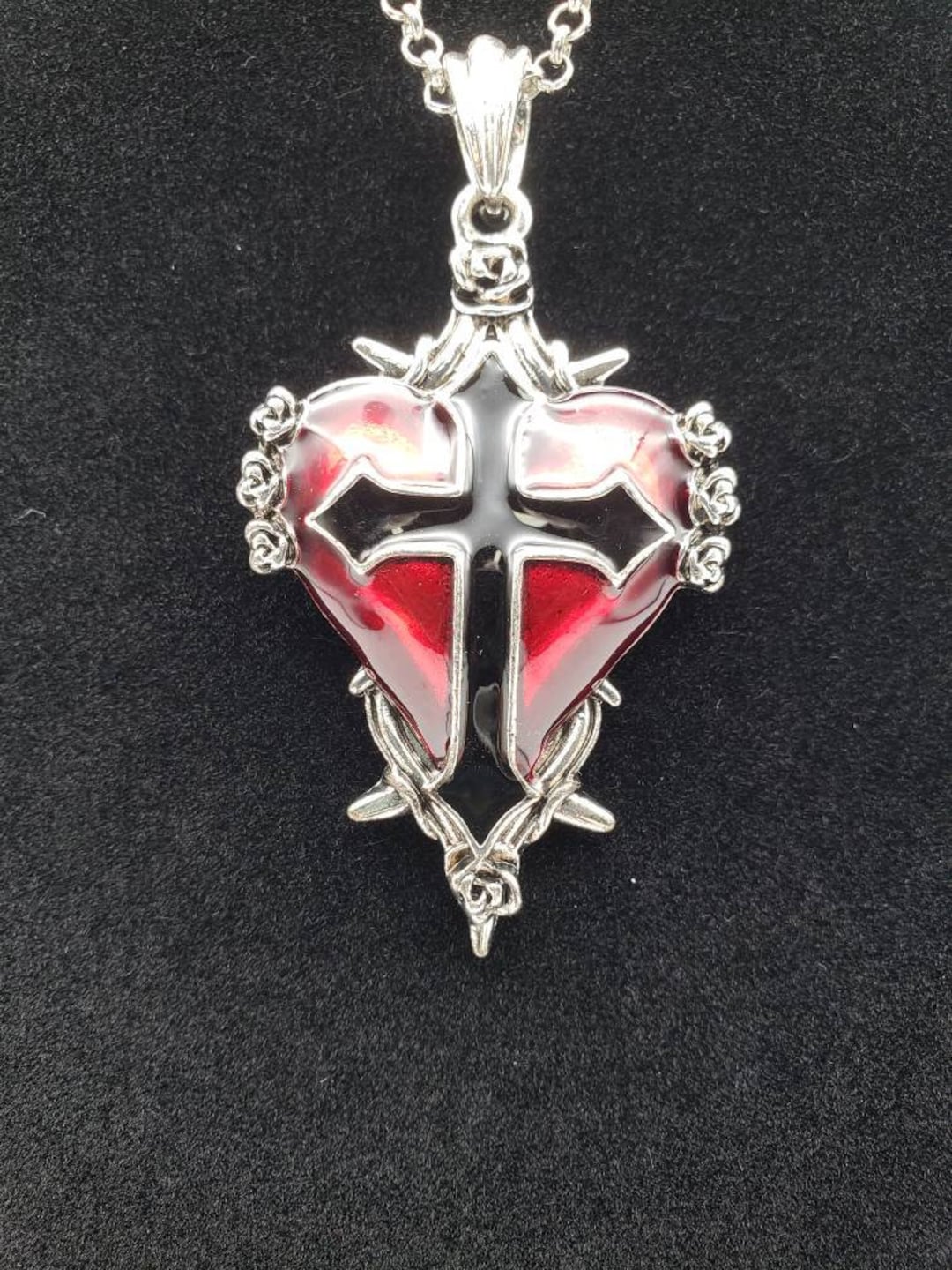 Vampire Heart Necklace | Red Heart Black Cross Silver Chain | Victorian ...