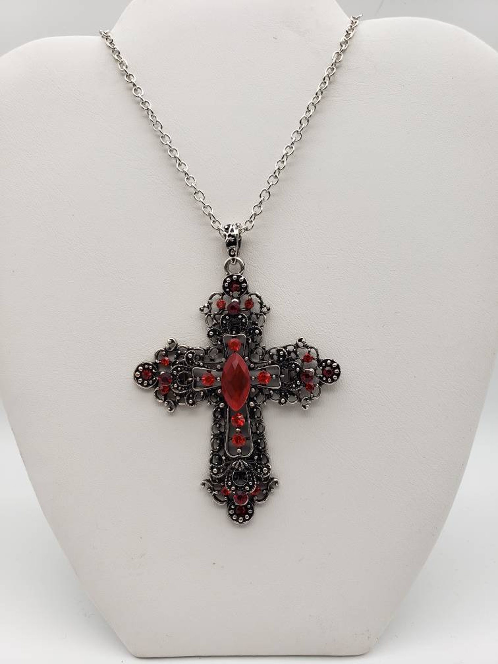 Gothic Cross Necklace Pendant Red Black Silver - Etsy