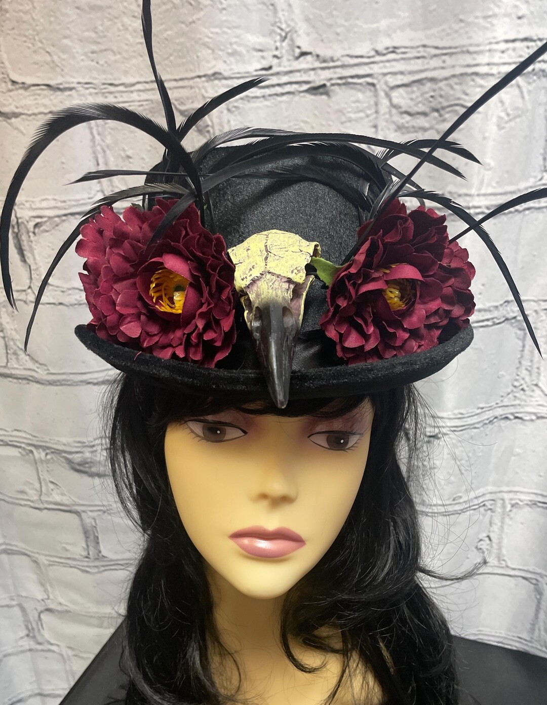 Crow Skull Top Hat | Red or Blue Floral | Vampire Voodoo Victorian ...