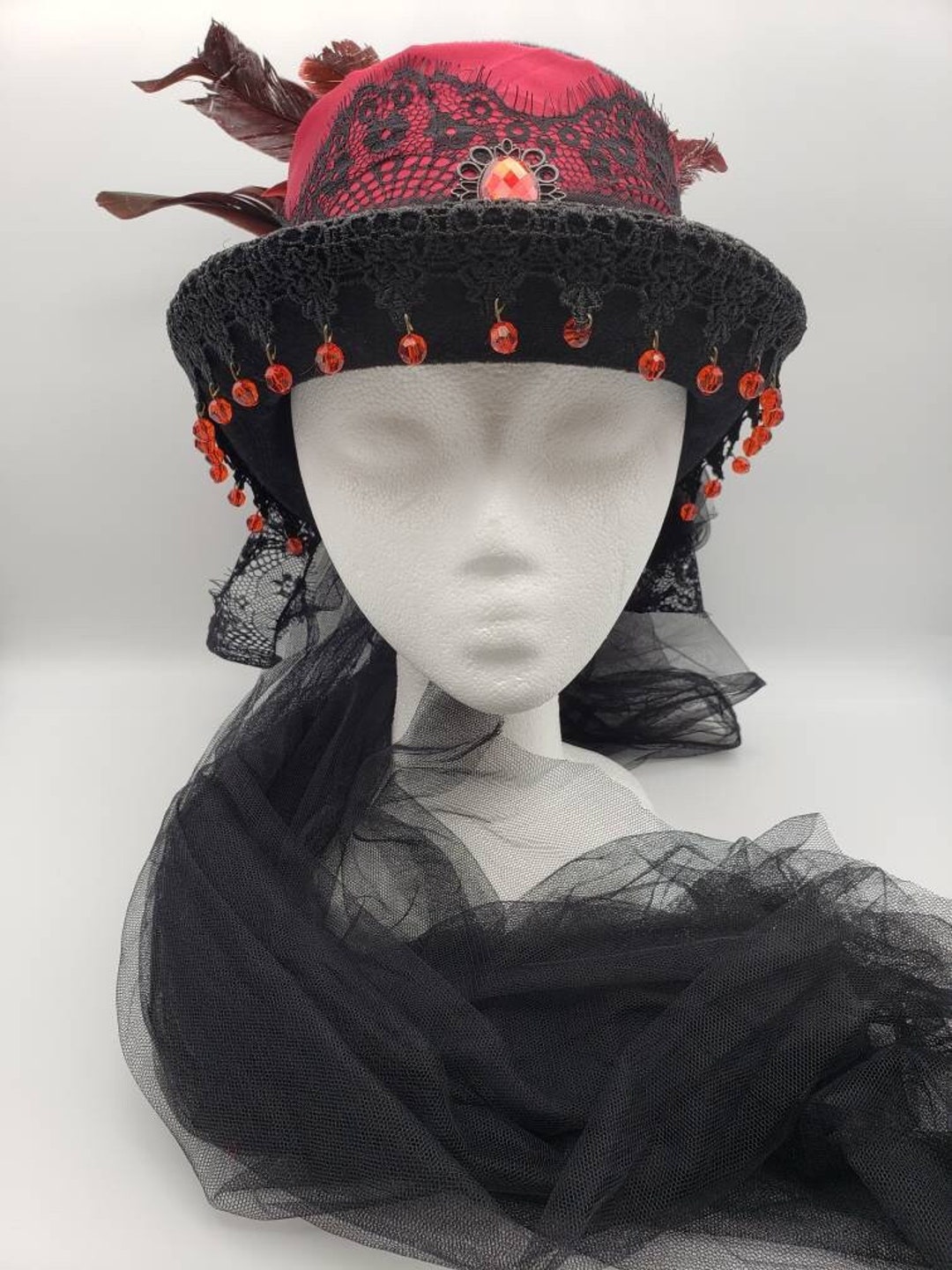 Red & Black Ladies' Top Hat With Veil | Victorian Vampire Gothic ...