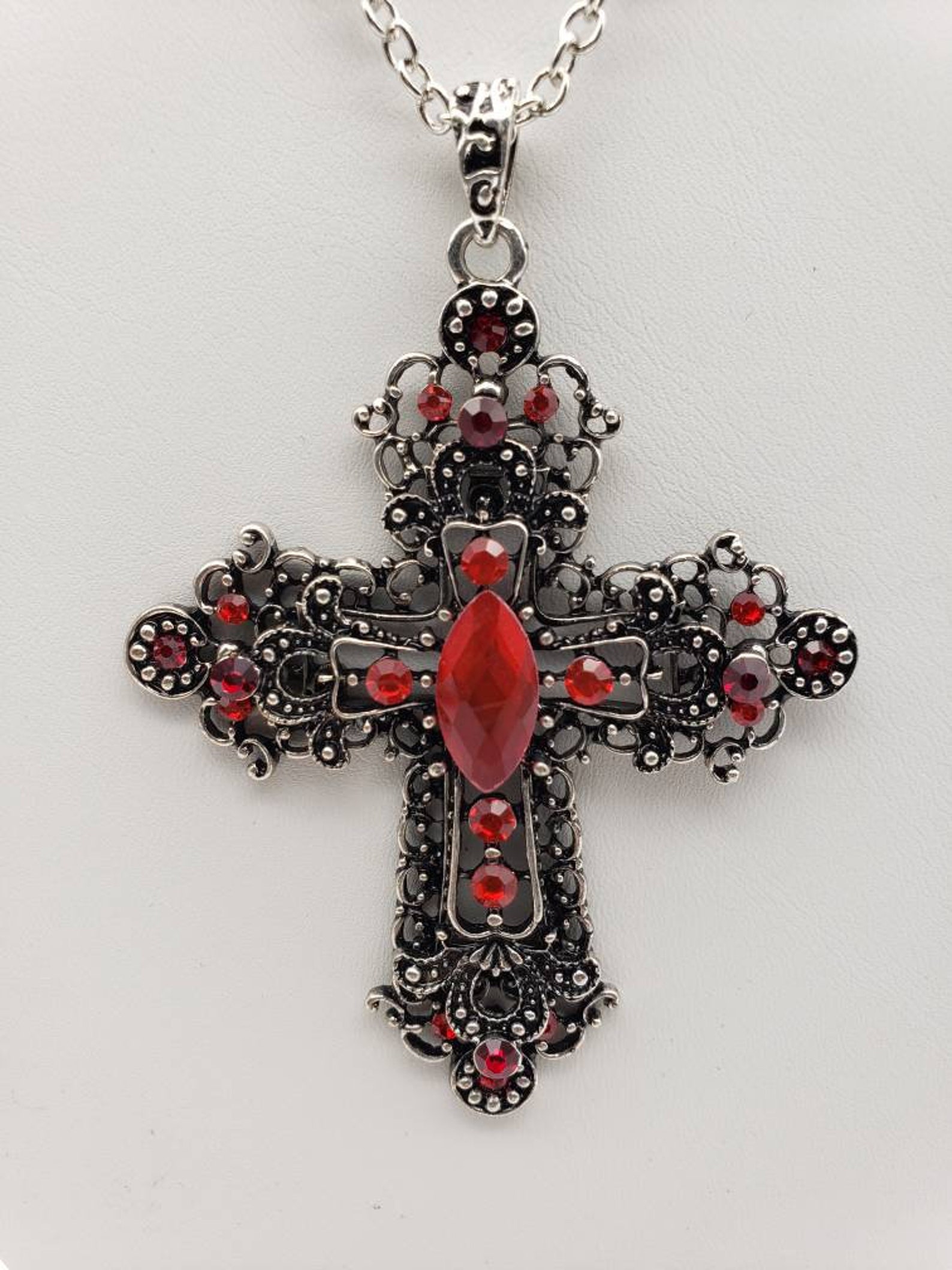 Gothic Cross Necklace Pendant Red Black Silver - Etsy