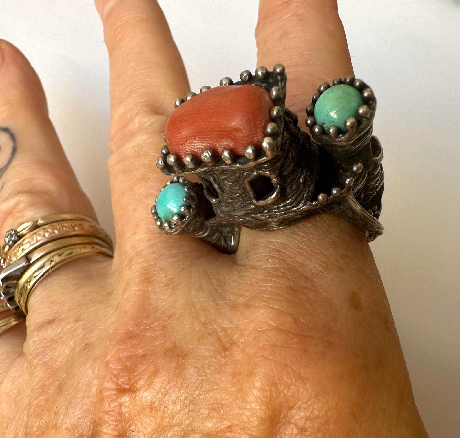 Amazing Sterling Castle Ring With Turquoise and Coral, Size 8.25 - Etsy