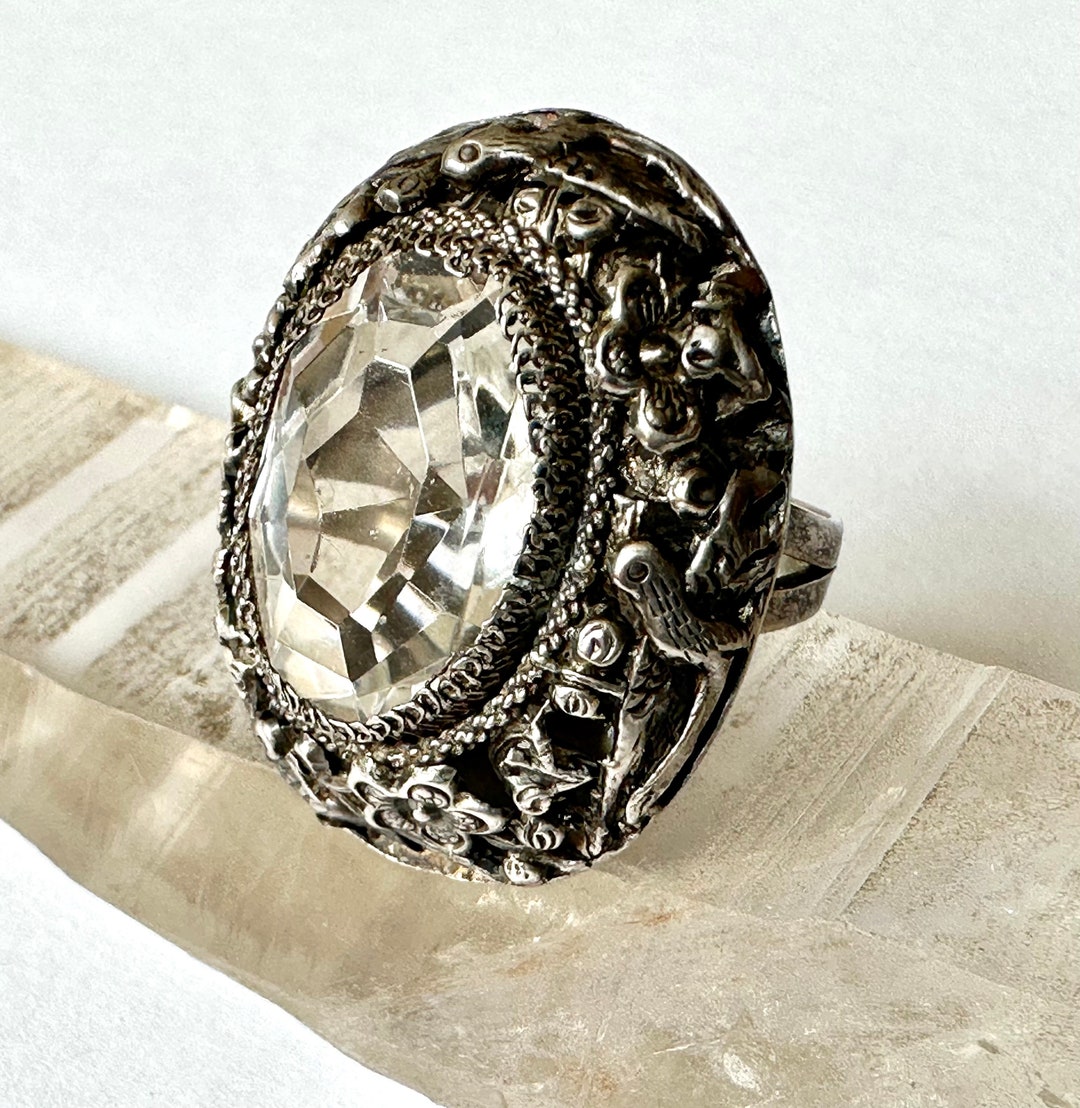 Vintage Chinese Silver and Quartz Ring With Birds and Flowers, Size 7.5 ...