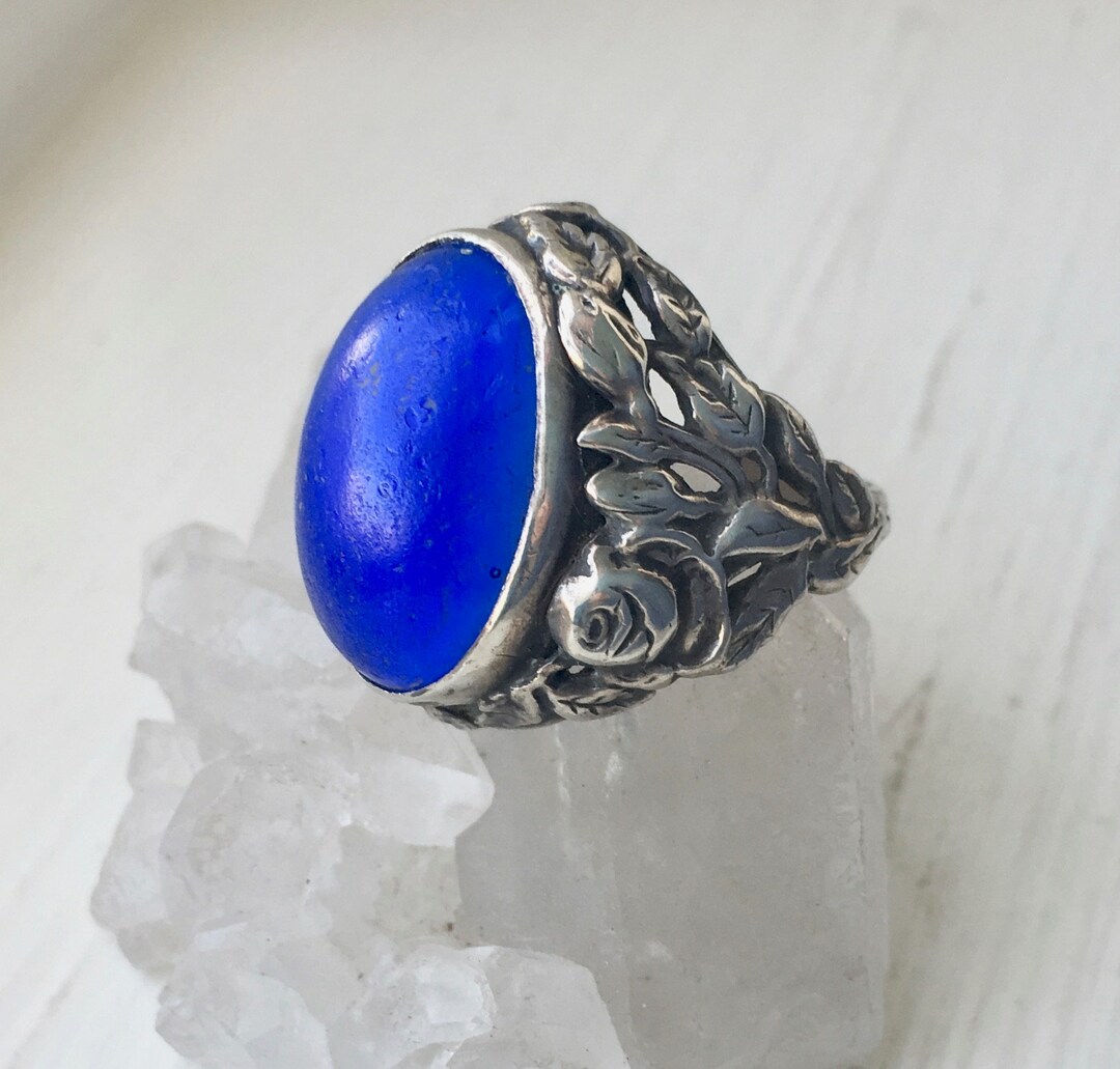 Antique Blue Glass Silver Rose Ring, Size 5.75 - Etsy