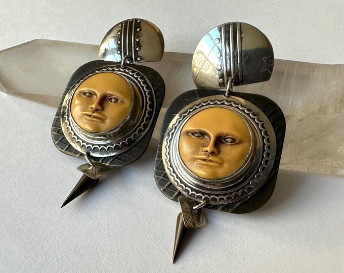 Vintage Mixed Metals Tabra Moon Face Post Earrings - Etsy