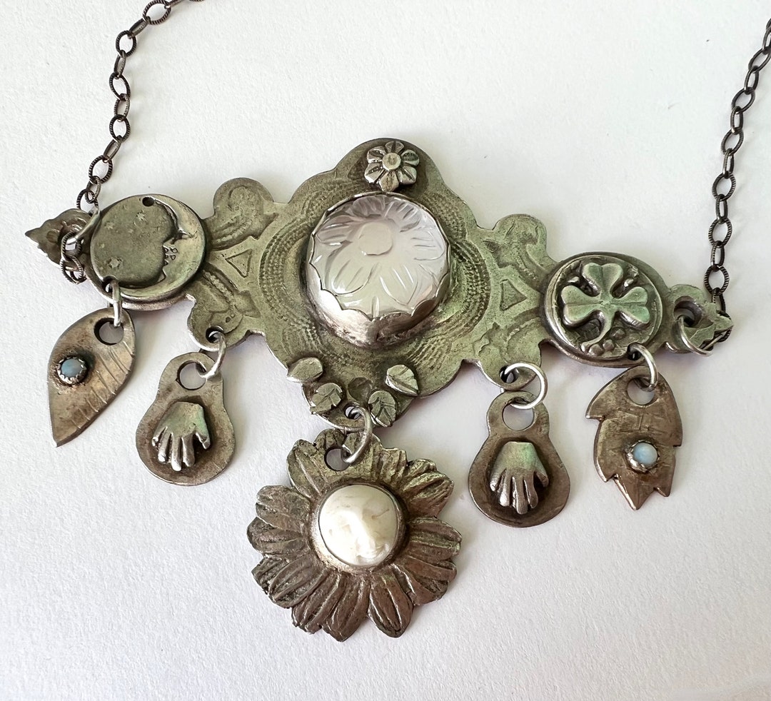 New Sterling Large Dangly Necklace With Quartz, Opals, and a Bone Moon ...