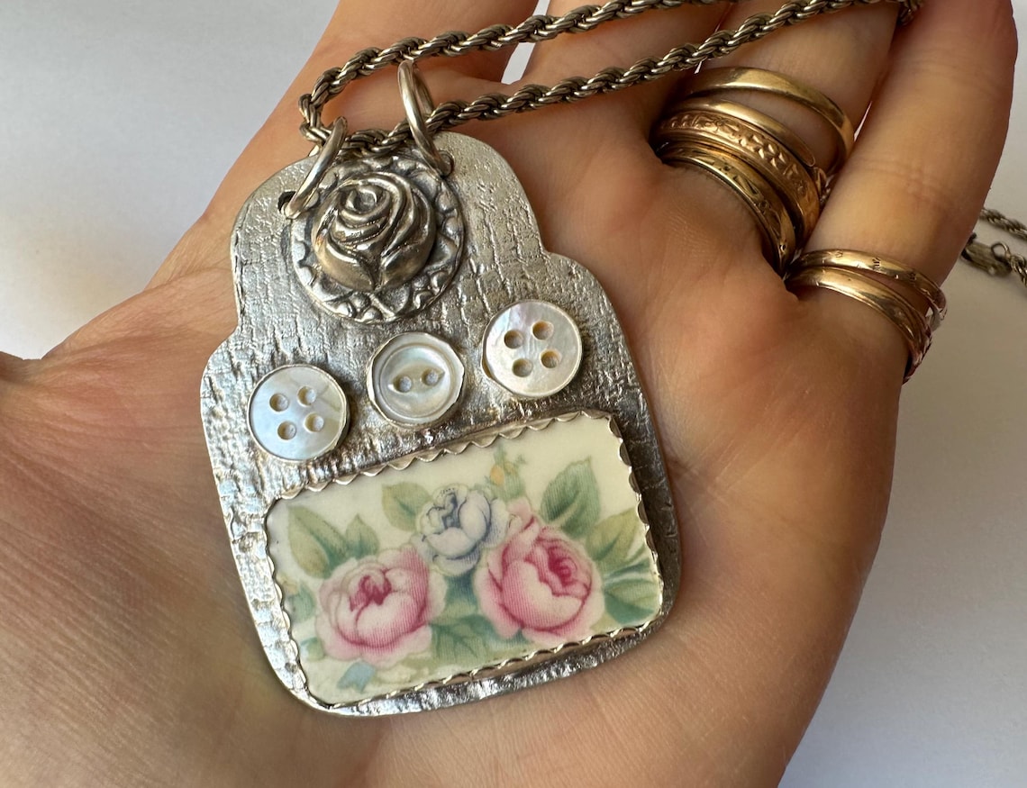 New Sterling Pendant Necklace With Vintage Buttons and a China Cabochon ...