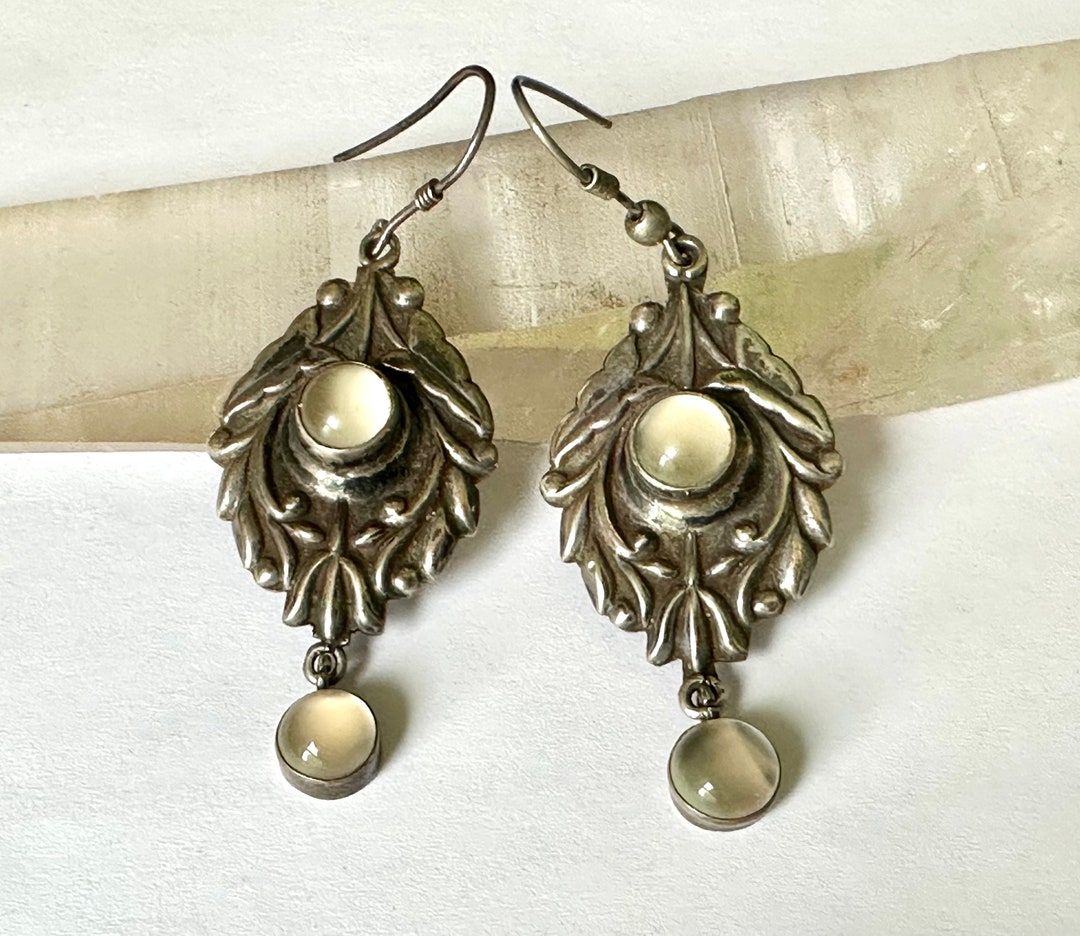 Vintage Sterling and Faux Moonstone Repousse Dangle Earrings - Etsy