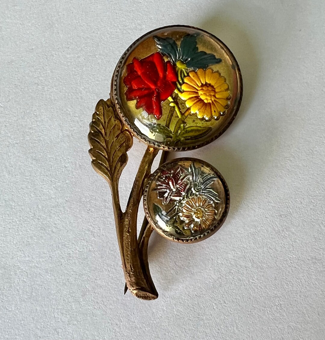 Vintage Gold Tone Goofus Glass Floral Brooch - Etsy