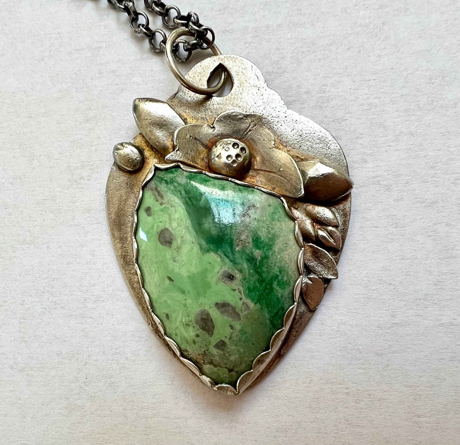 New Flowery Leafy Sterling and Variscite? Pendant Necklace - Etsy