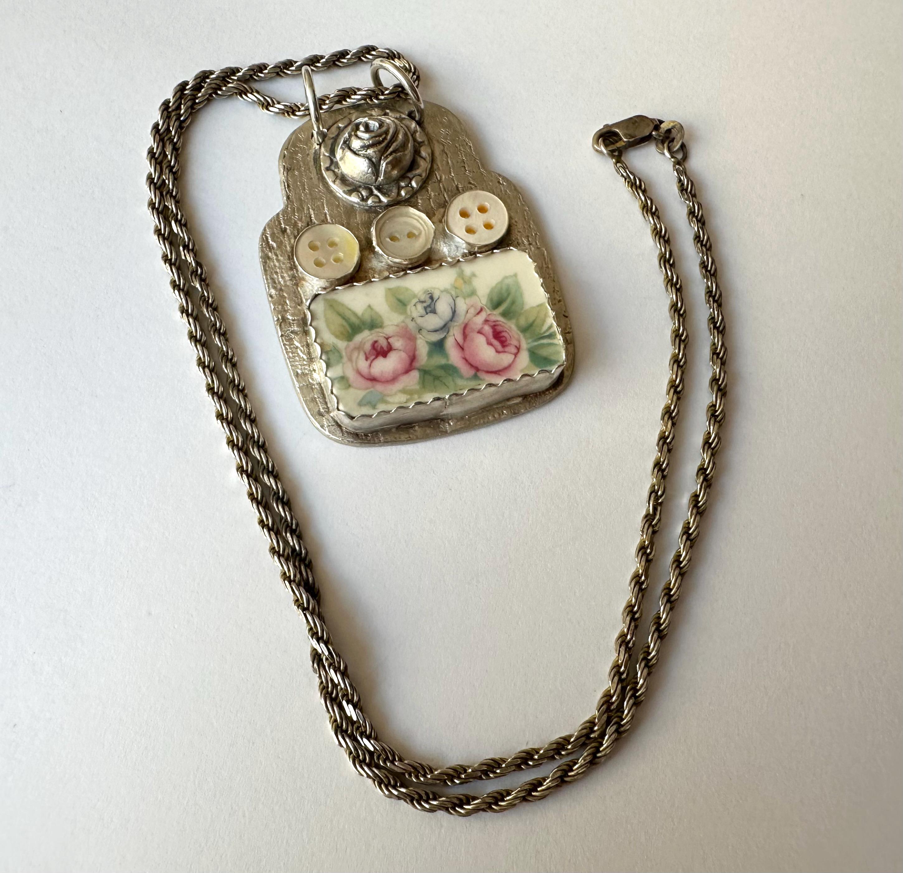 New Sterling Pendant Necklace With Vintage Buttons and a China Cabochon ...