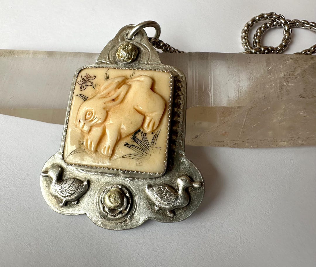 New Sterling and Carved Ox Bone Rabbit and Duck Pendant Necklace - Etsy