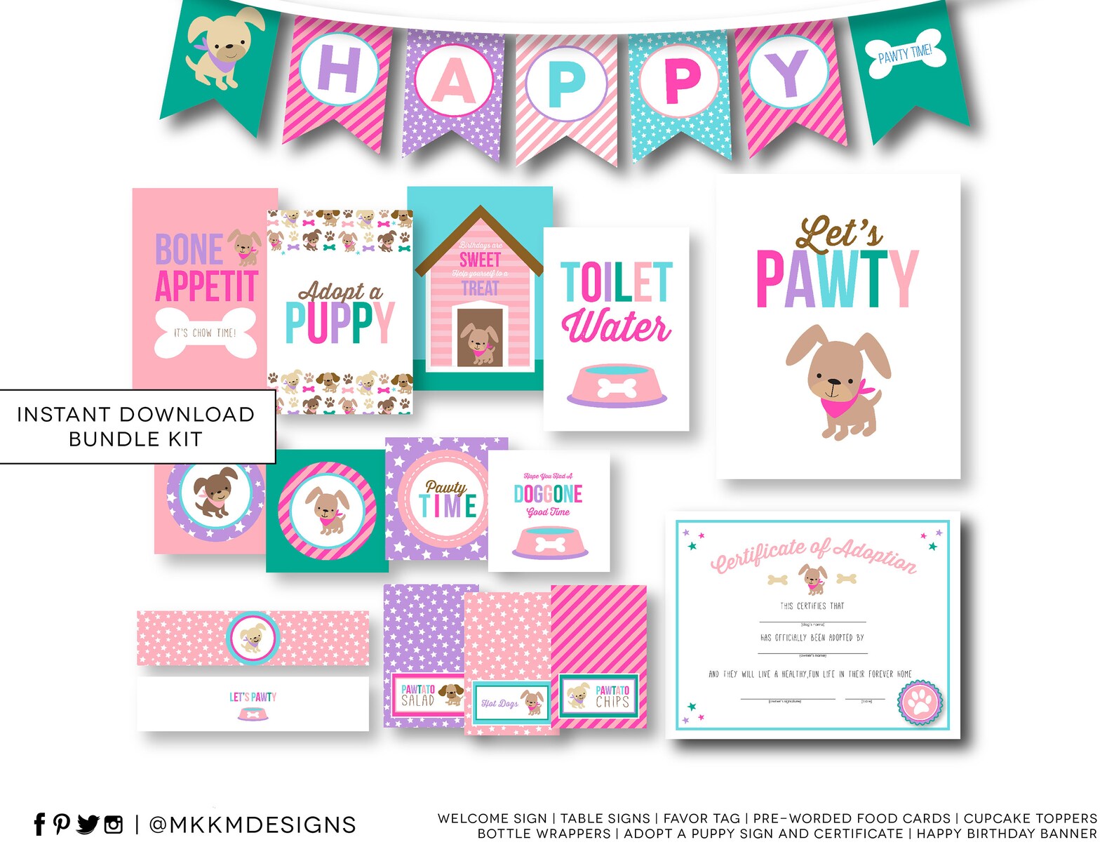 Puppy Party Kit, Girl's Puppy Birthday, INSTANT DOWNLOAD, Girl Birthday ...