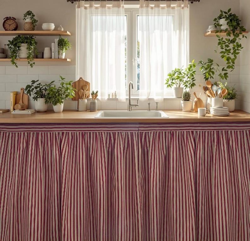 Red Striped Cotton Sink Skirt: Cottagecore Kitchen Cabinet Curtain - Etsy