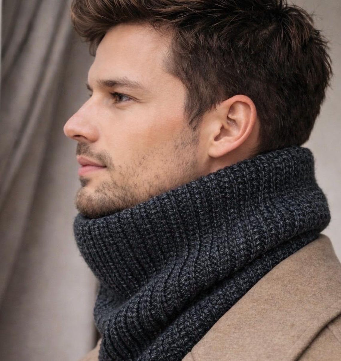 KNITTED SNOOD HOOD, Dark Grey Neck Warmer, Chunky Knit Infinity Scarf ...
