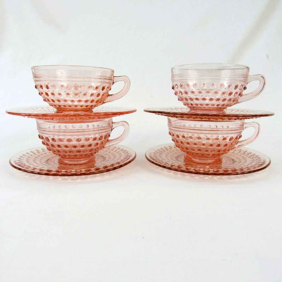 4 Pink Hobnail Cups and Plates Anchor Hocking Set Depression Glass ...