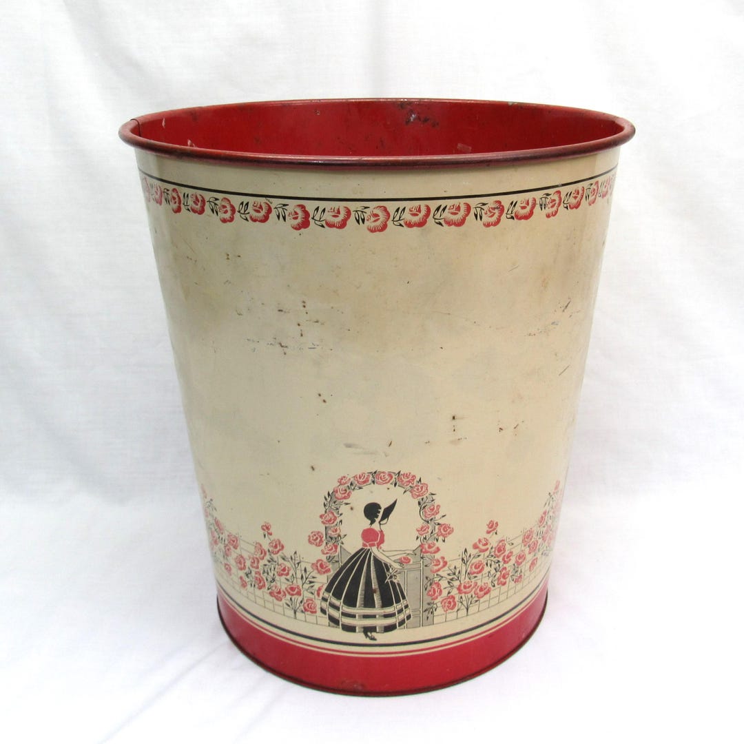Vintage Metal Trash Can Bonnet Girl Black and Red Roses 1930s 1940s - Etsy