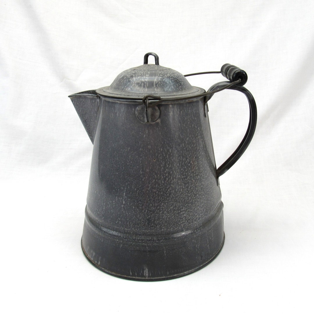 Large Vintage Enamelware Cowboy Campfire Style Coffee Pot Kettle With ...