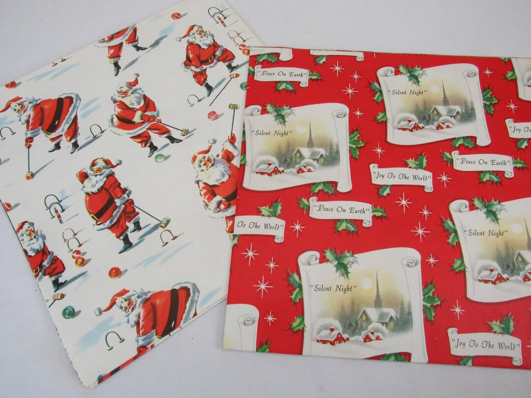 Vintage 1950s Christmas Gift Wrap Santa Playing Croquet Silent Night 2 ...