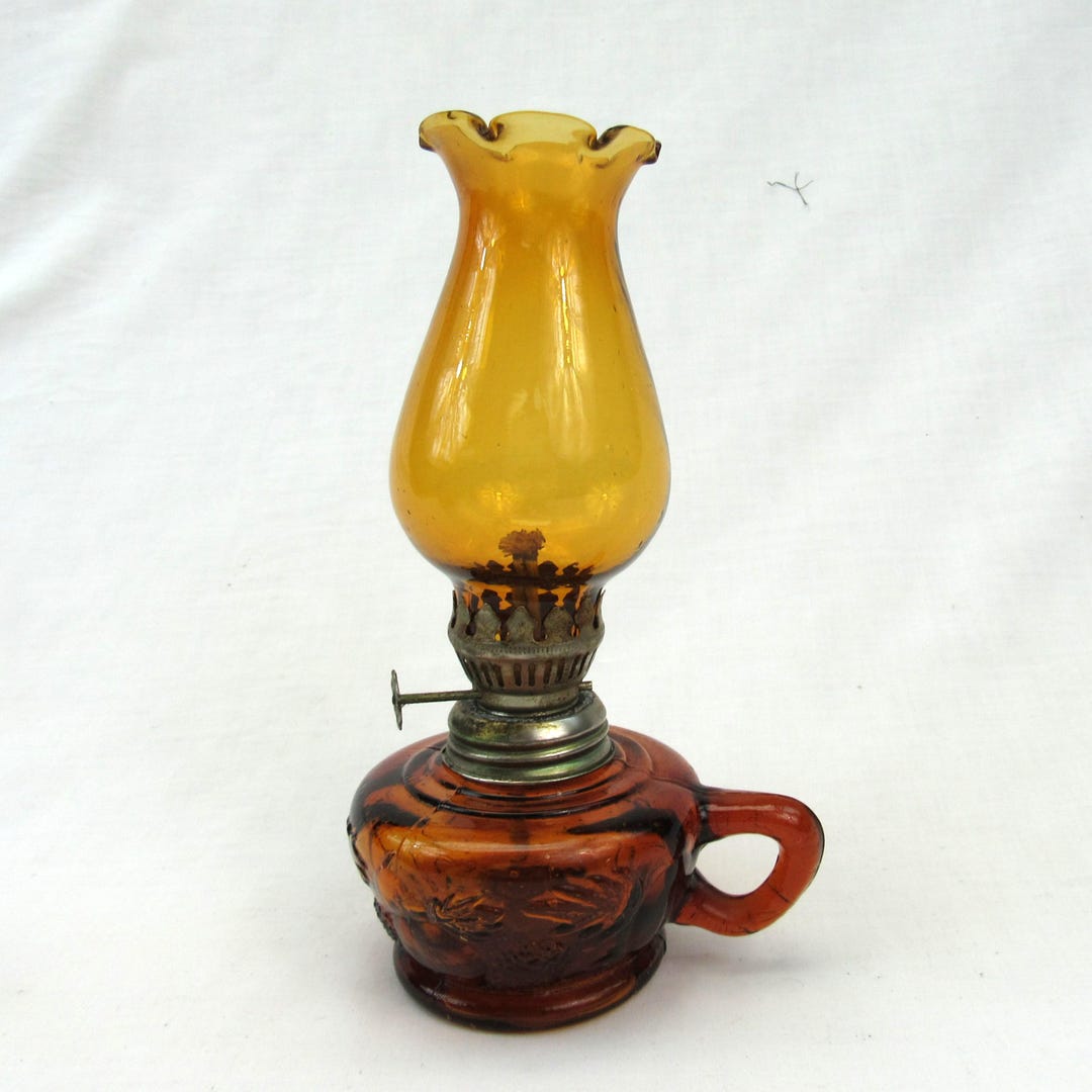 Small Vintage Oil Lamp Amber Gold Glass With Ruffled Chimney and Loop ...