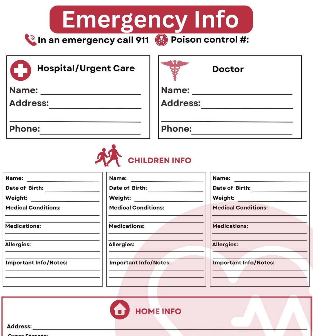Emergency Contact Info Sheet - Etsy