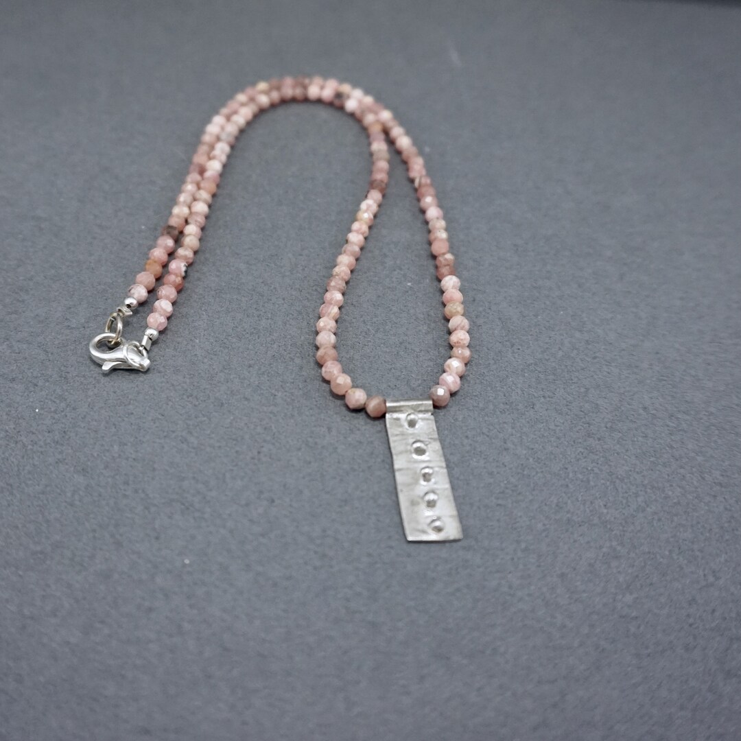 Quartzite Bead Necklace With Rectangle Silver Pendant, Silver Ball ...
