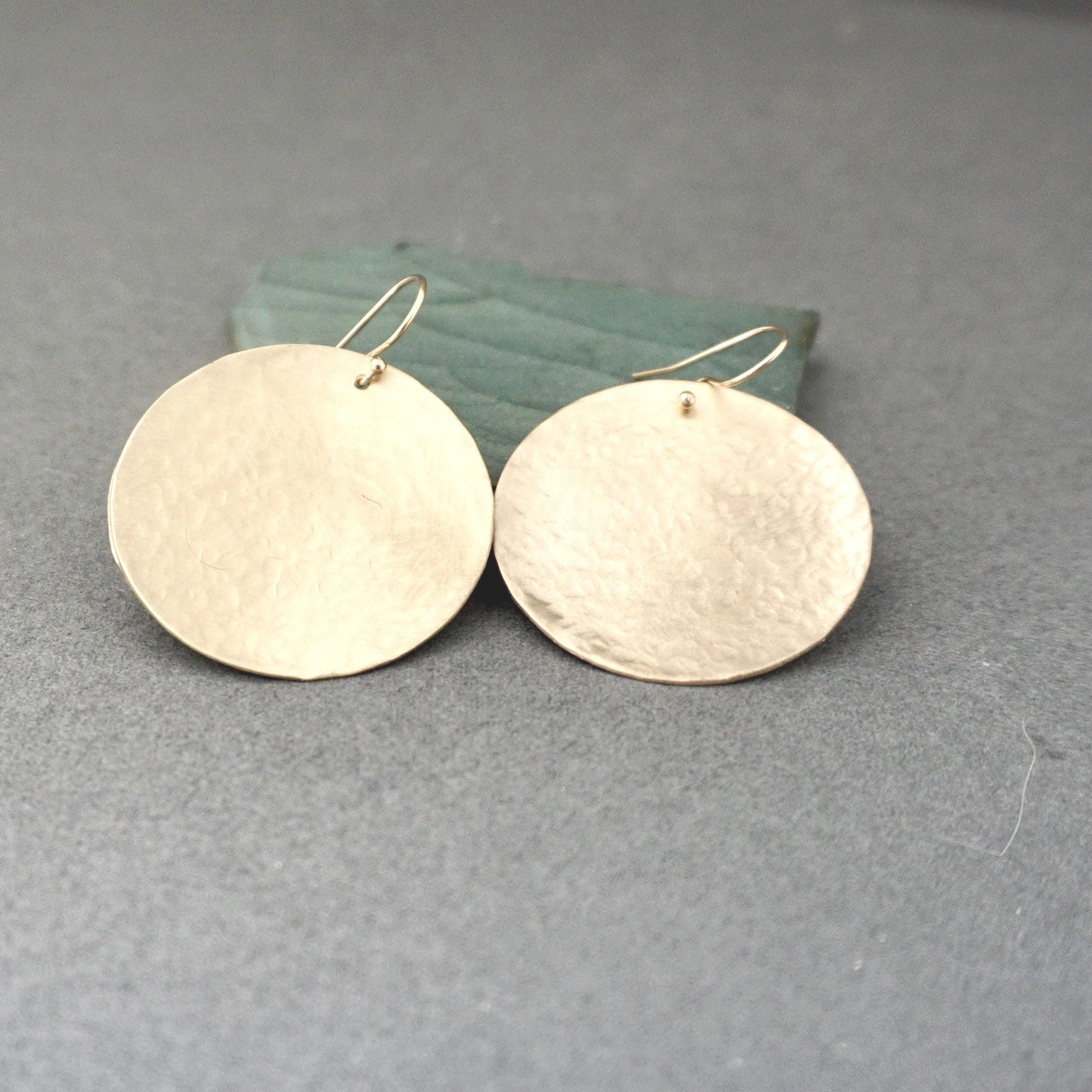 Large Disc Earrings, 1 1/4" Round, Hammered Dangles, Gold Filled Ear ...
