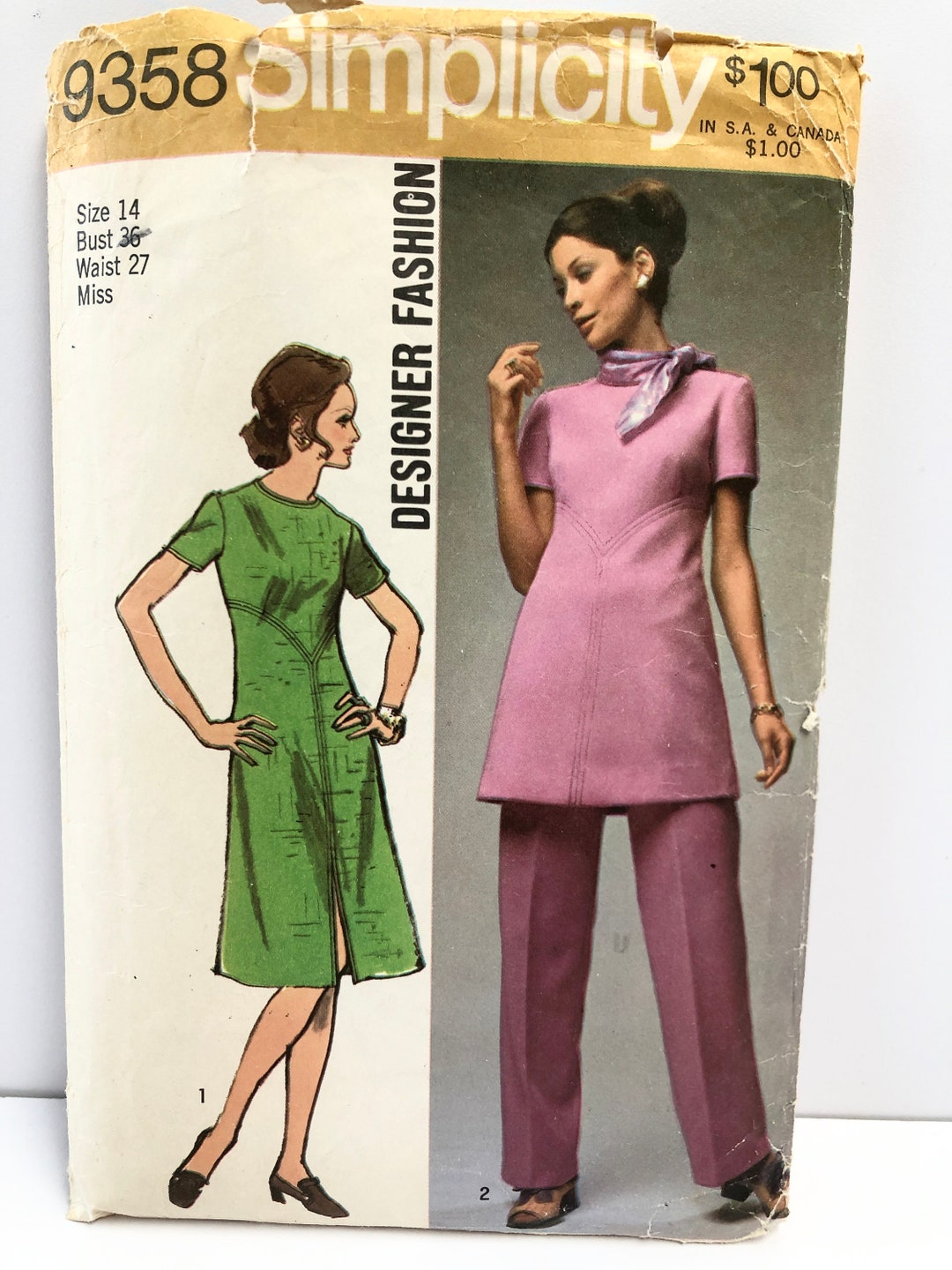 Vintage 1970's Simplicity 9358 Dress or Tunic and Pants Pattern Size 14 ...