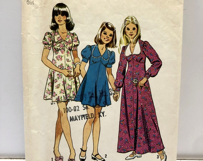 Vintage 1970's Simplicity 6186 Girls Size 8 Long or Short Dress Pattern ...