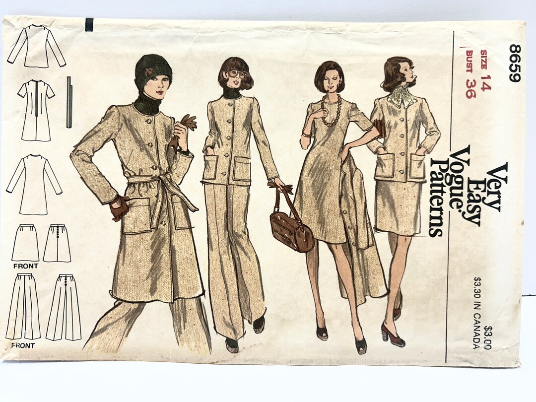 Uncut Vintage 1970's Vogue 8659 Size 14 Bust 36 Jacket Dress Skirt and ...