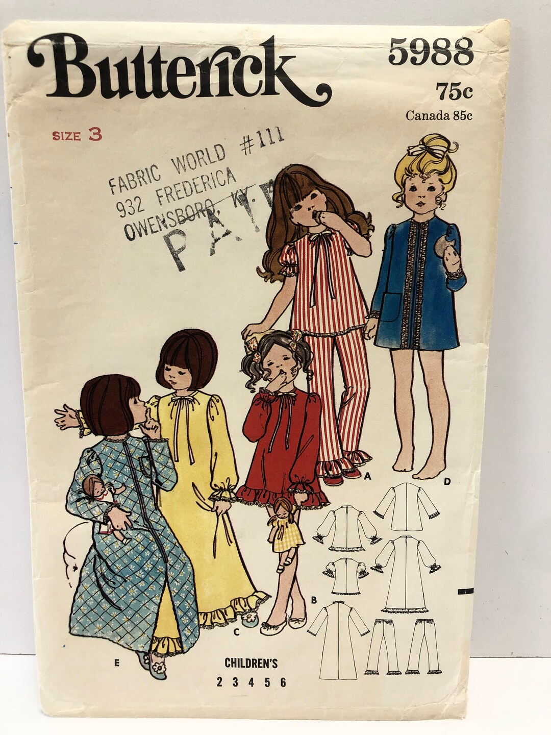 Uncut Vintage 1970's Butterick 5988 Girl's Size 3 Nightgown Pajamas ...