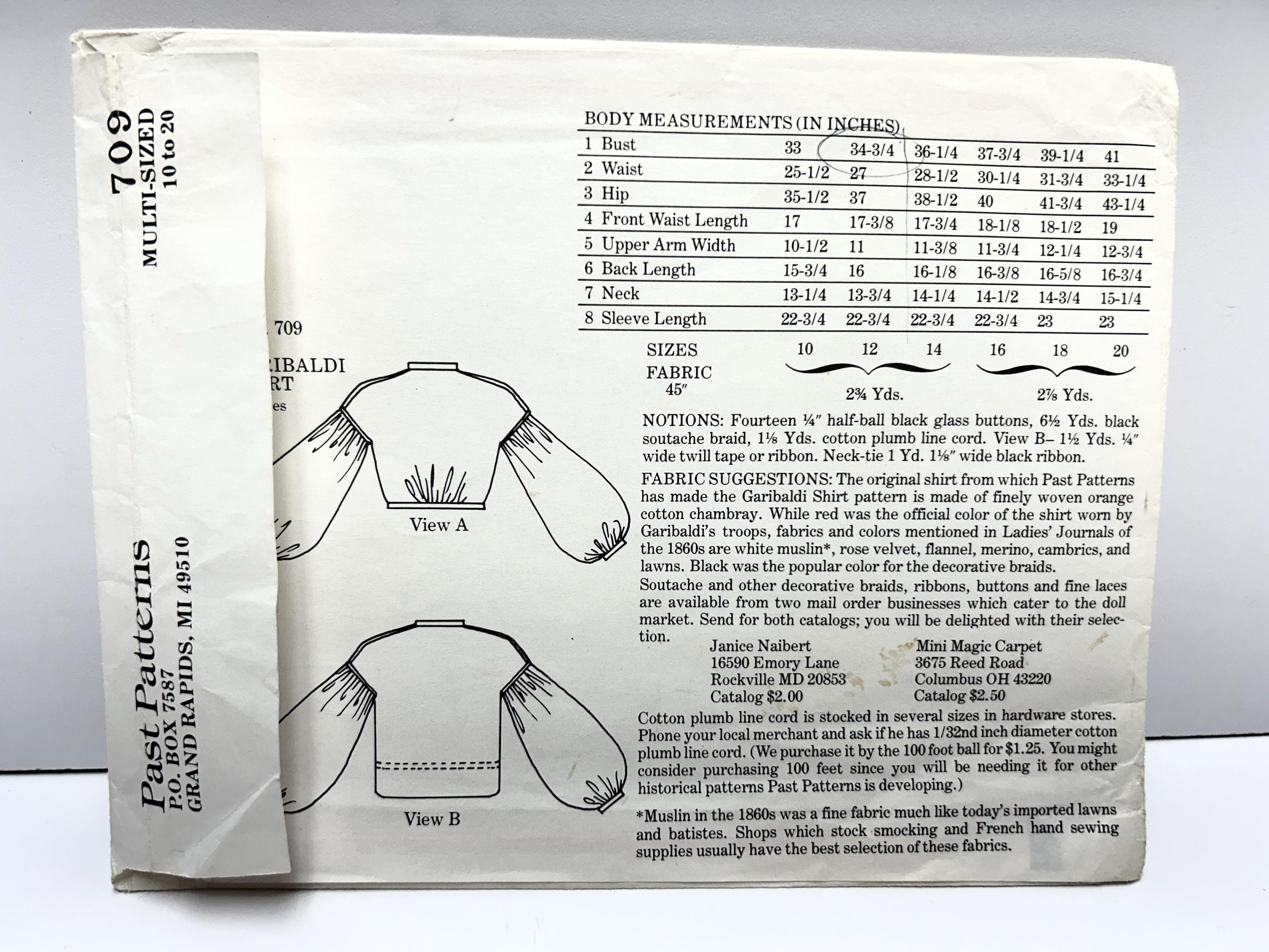 Vintage Past Patterns 709 Sizes 10-20 Garibaldi Shirt Pattern - Etsy