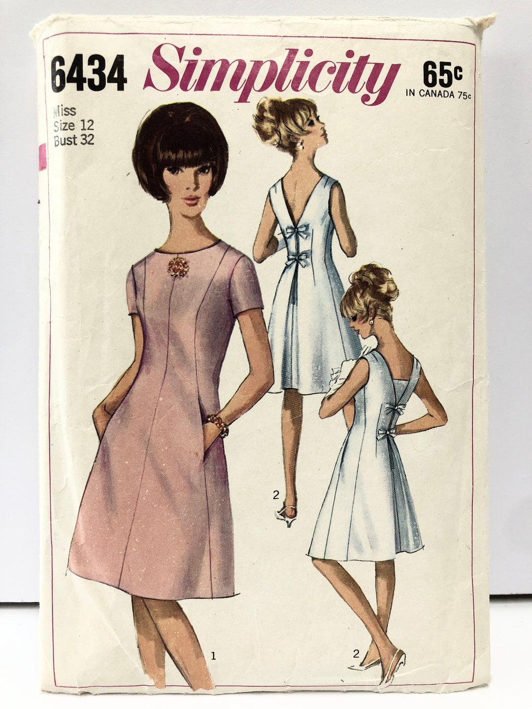 Vintage 1960's Simplicity 6434 Size 12 Dressy Dress With Deep V Back ...