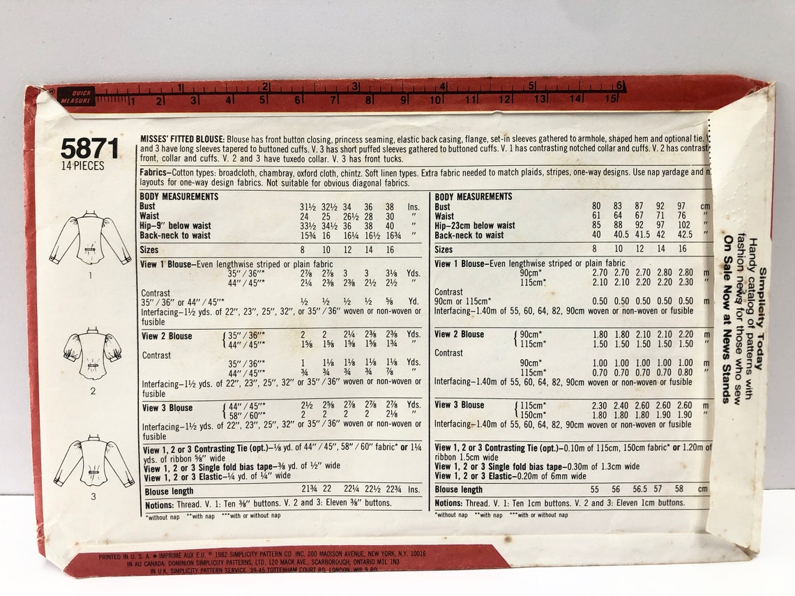 Vintage 1980's Simplicity 5871 Size 10 Fitted Blouse Pattern Puffy ...
