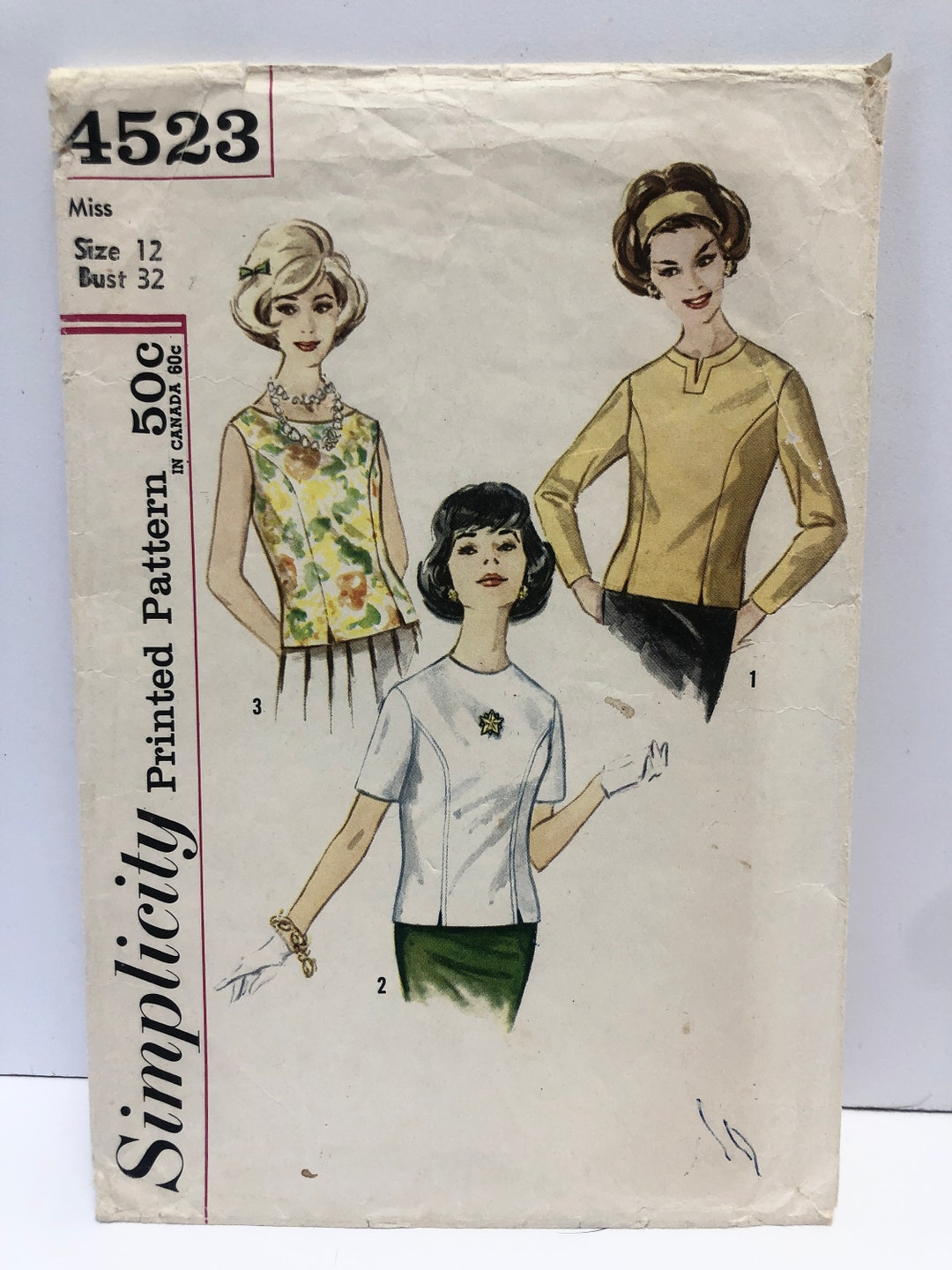 Vintage 1960's Simplicity 4523 Size 12 Blouse Pattern Long Short or ...