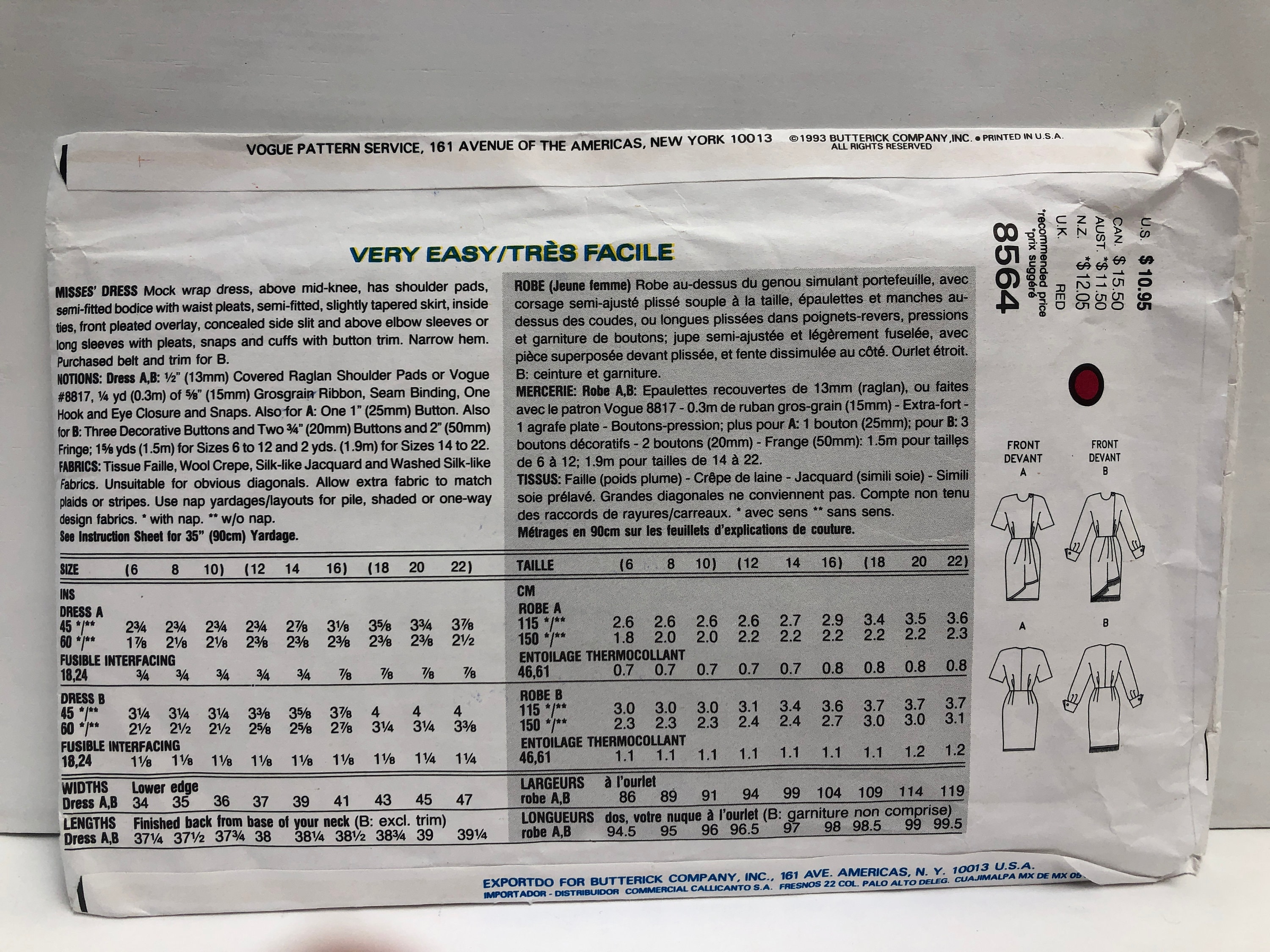 Uncut Vintage 1990's Very Easy Very Vogue 8564 Mock Wrap Dress Pattern ...