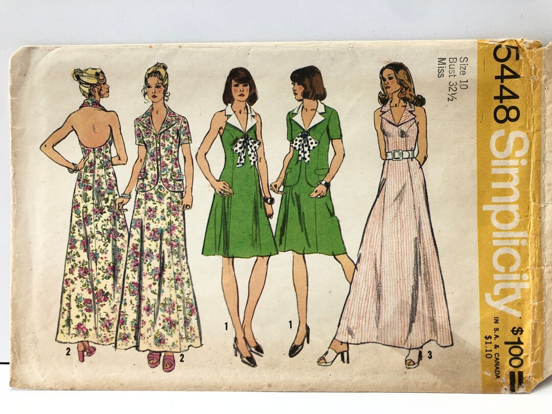 Uncut Vintage 1970's Simplicity 5448 Size 10 Halter Dress Maxi or Street Length and Jacket ...