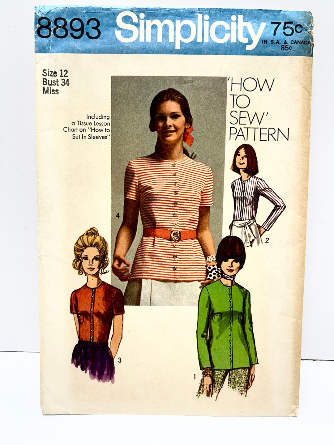 Uncut Vintage 1970's Simplicity 8893 Size 12 How to Sew Blouse Pattern ...