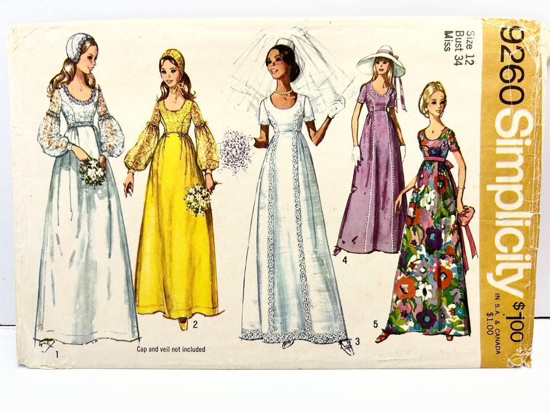 Uncut Vintage 1970's Simplicity 9260 Size 12 Bust 34 Wedding Gown ...