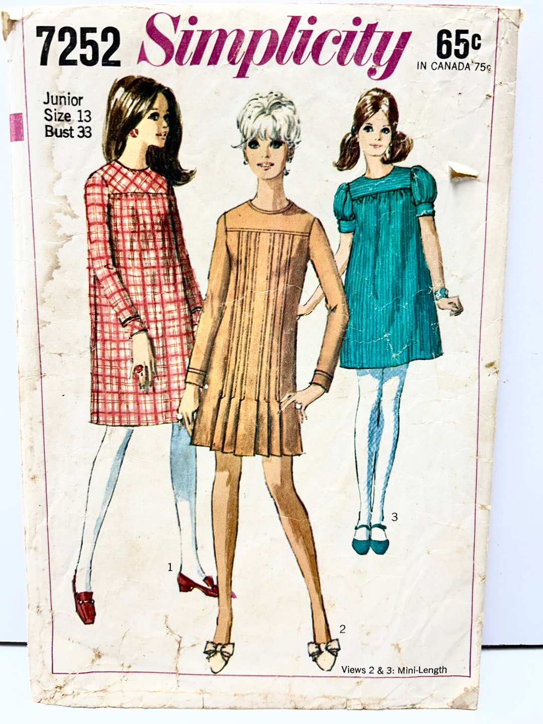 Vintage 1960's Simplicity 7252 Junior Size 13 Bust 33 Dress or Mini ...
